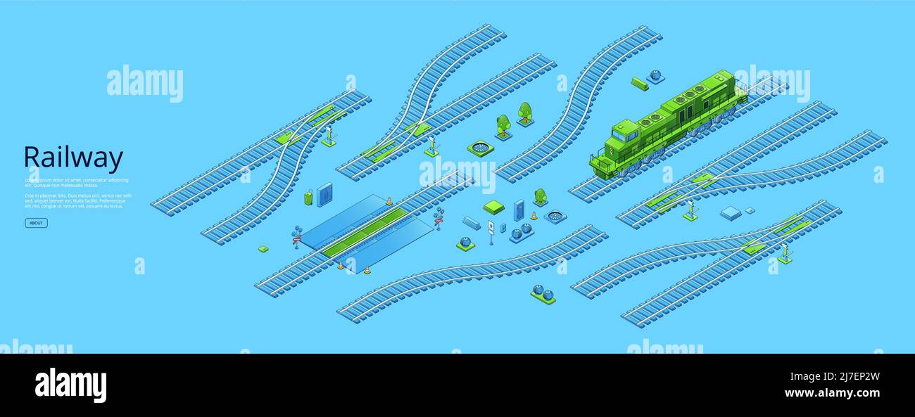 Railway banner with isometric locomotive and rail track elements ...
