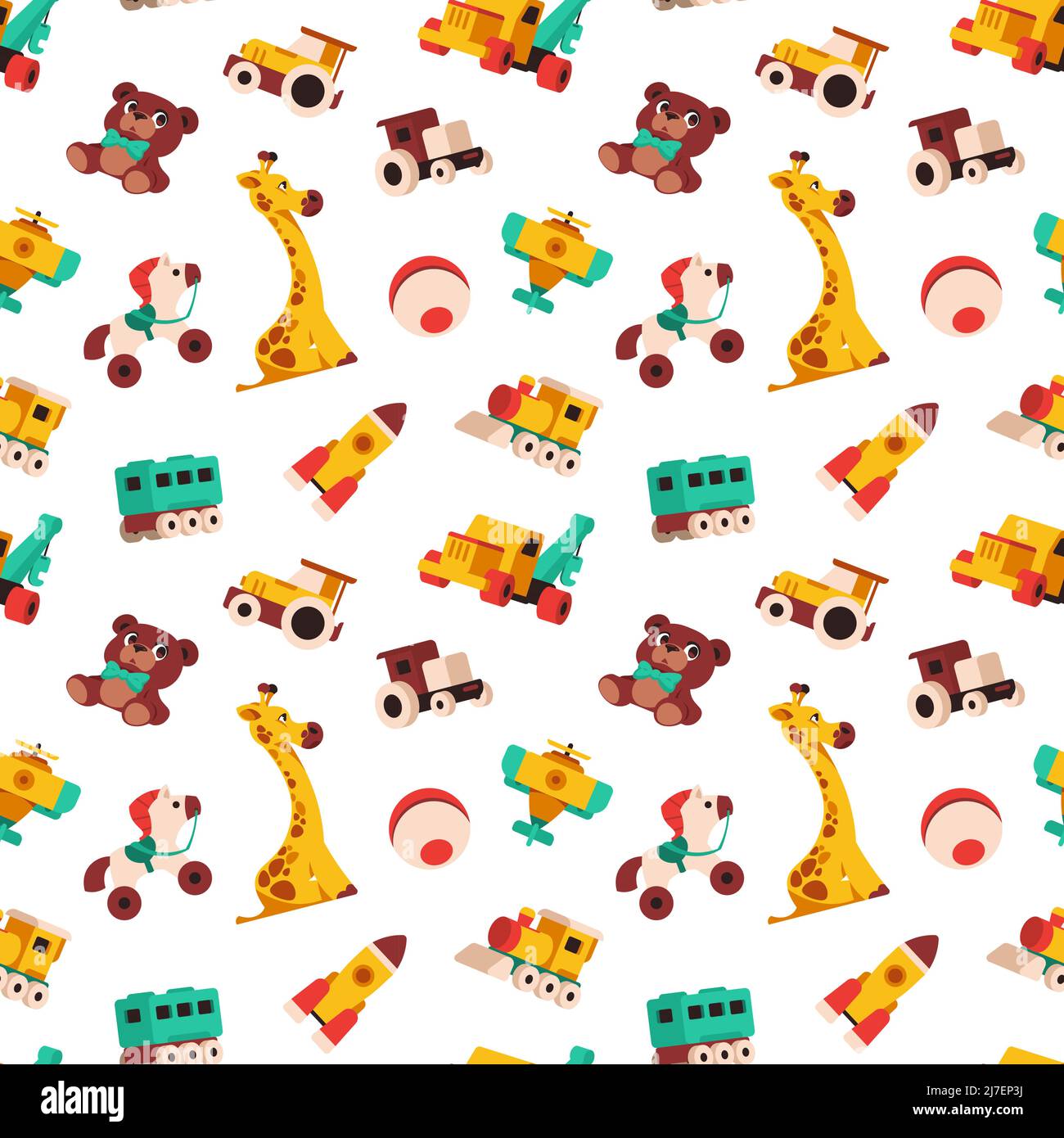 Cartoon toys pattern. Seamless print with kid colorful toys, cute baby ...