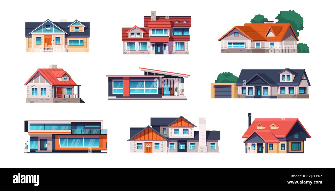 Cartoon cottage houses. Country and city building for rent, village ...