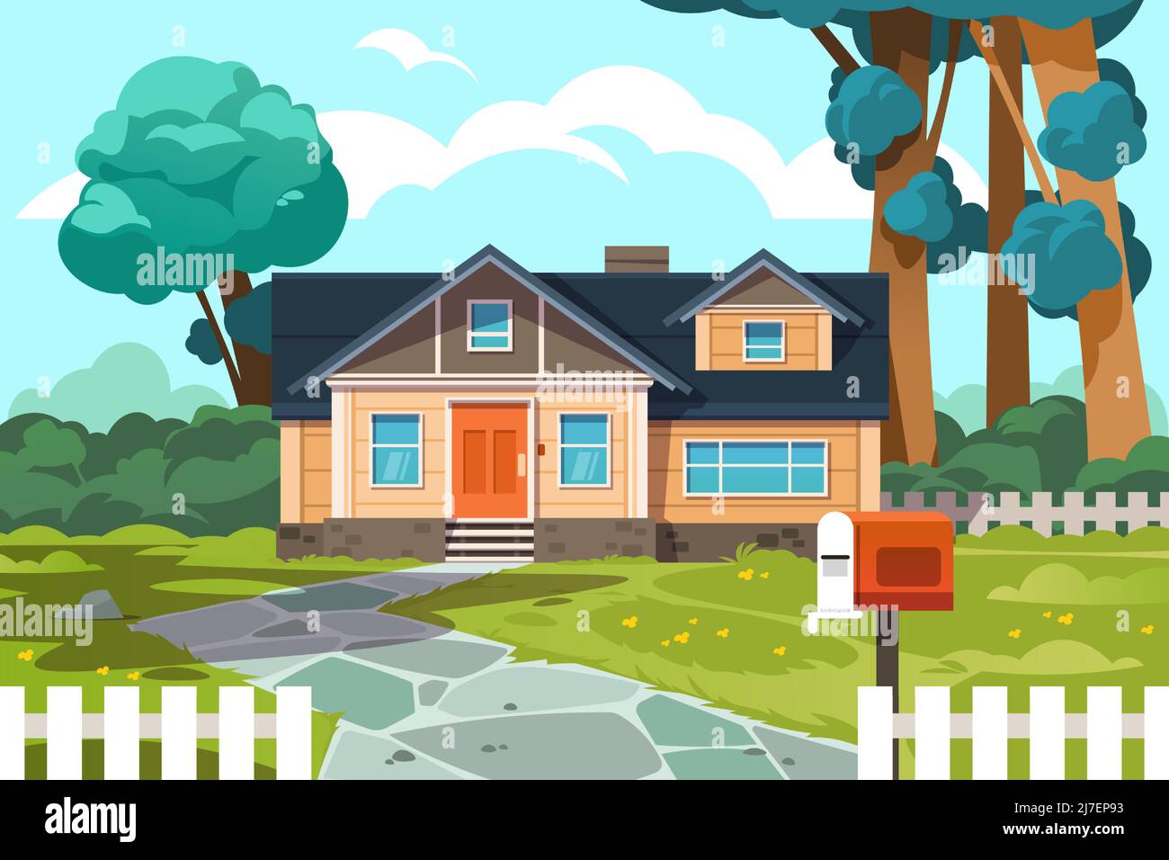 Suburban cottage. Cartoon country house exterior, neighborhood home ...
