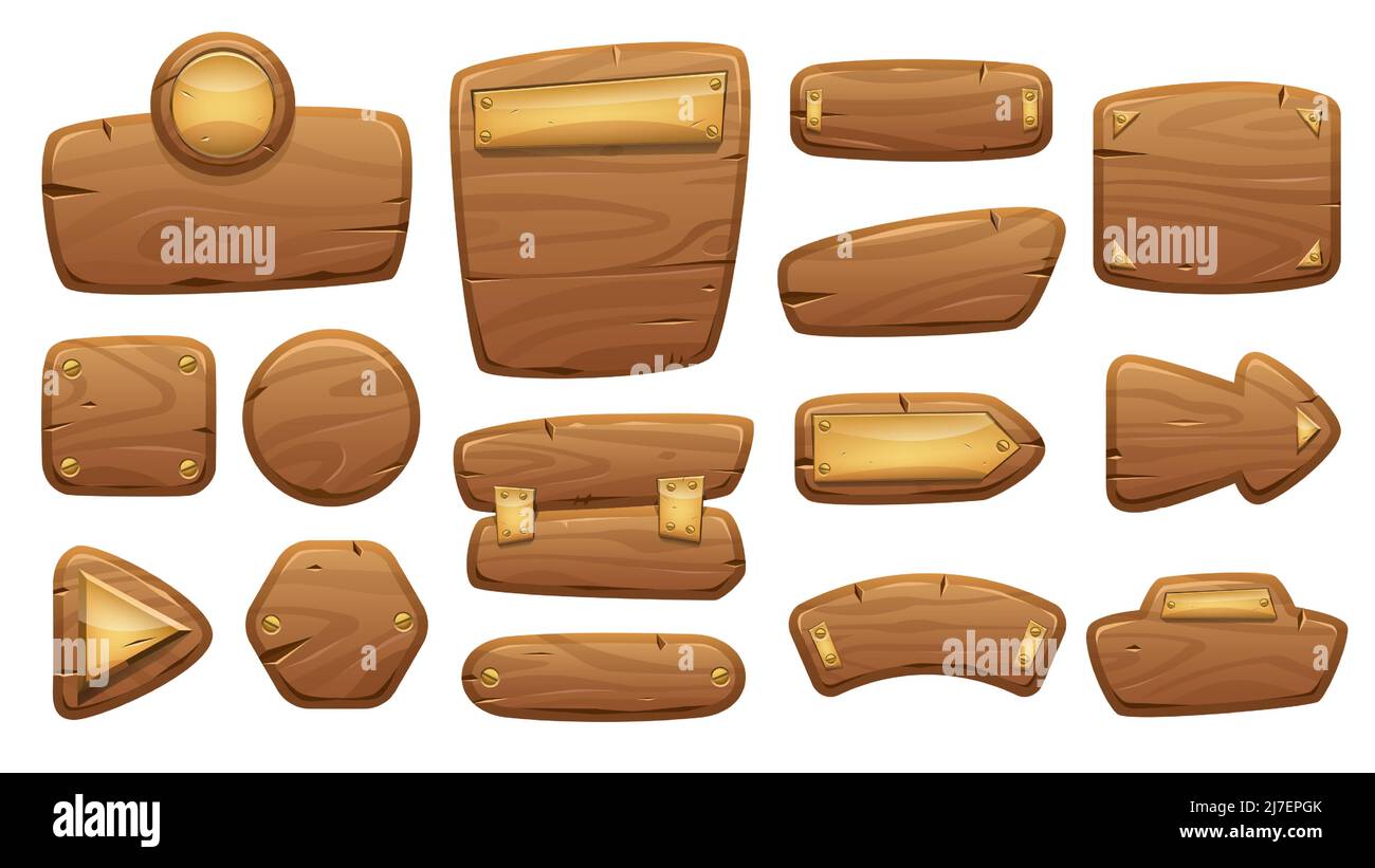 Wooden board sign. Cartoon game interface element, old banner and ...