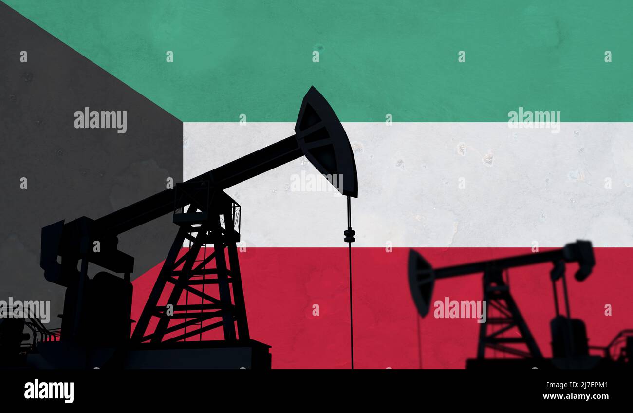 Oil and gas industry background. Oil pump silhouette against kuwait ...
