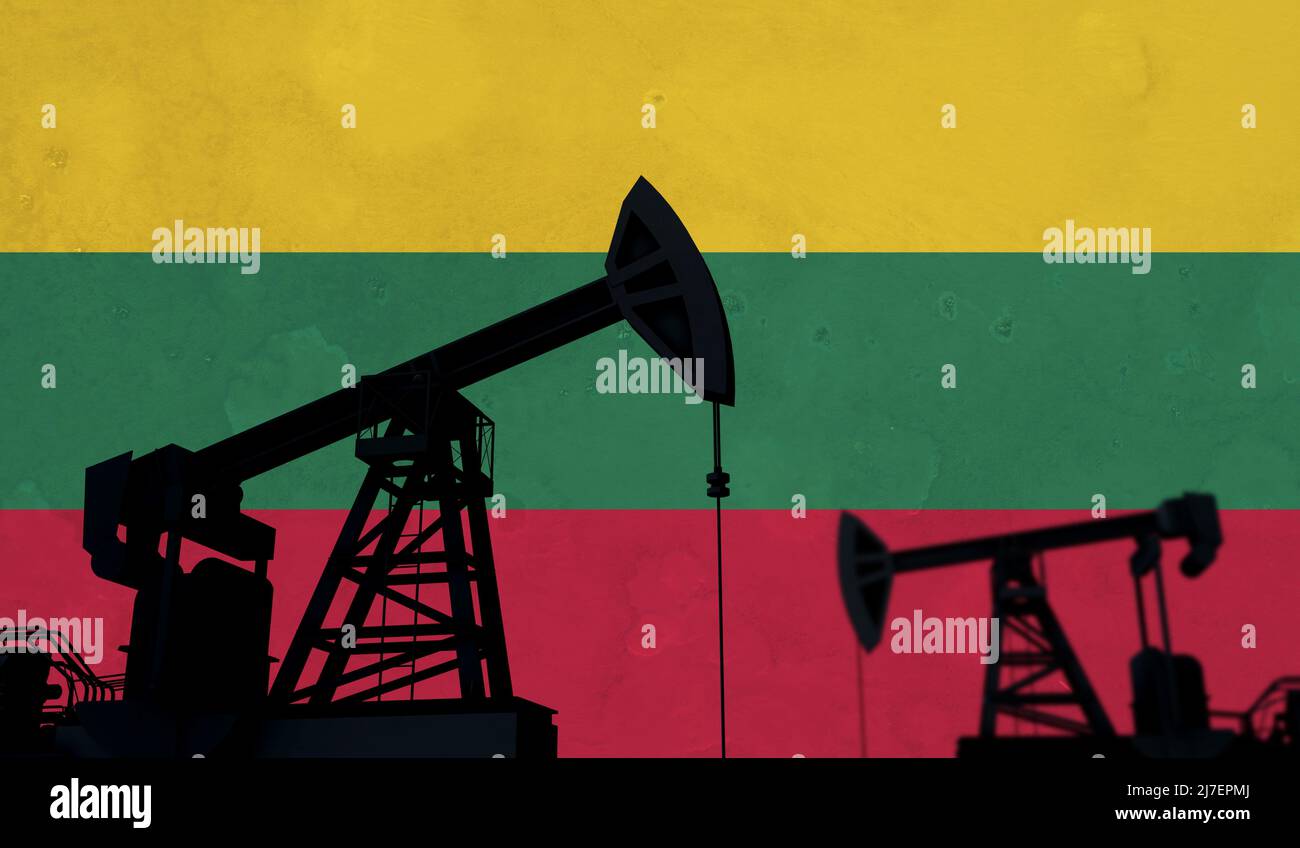 Oil and gas industry background. Oil pump silhouette against lithuania ...