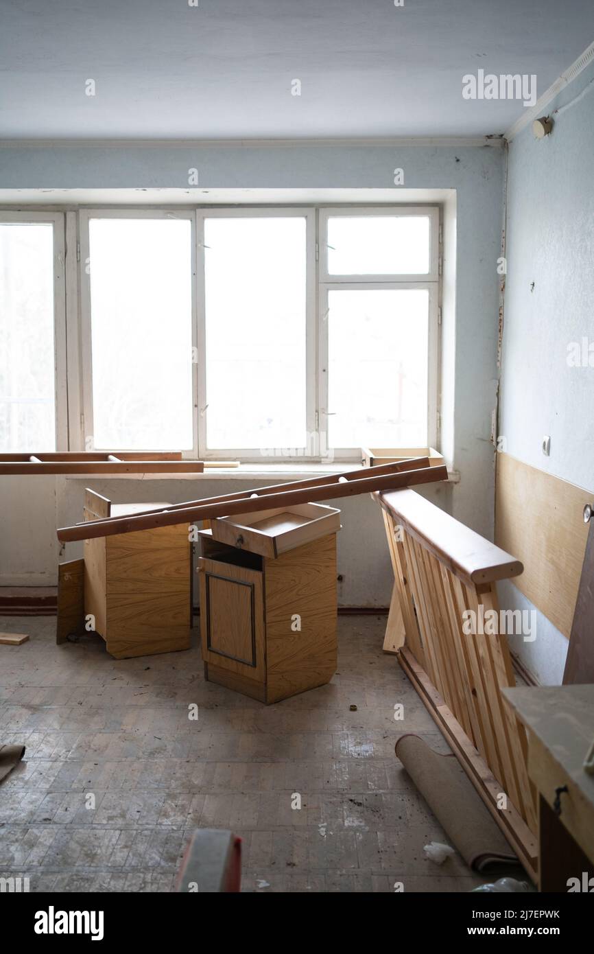 Empty evacuated deserted house apartment, empty abandoned destroyed ...