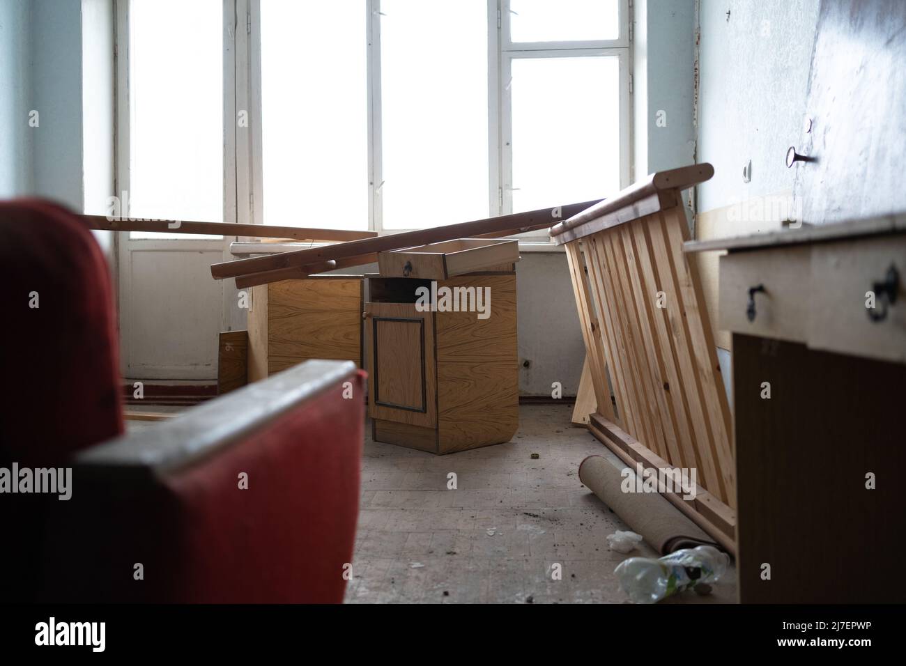 Empty evacuated deserted house apartment, empty abandoned destroyed ...