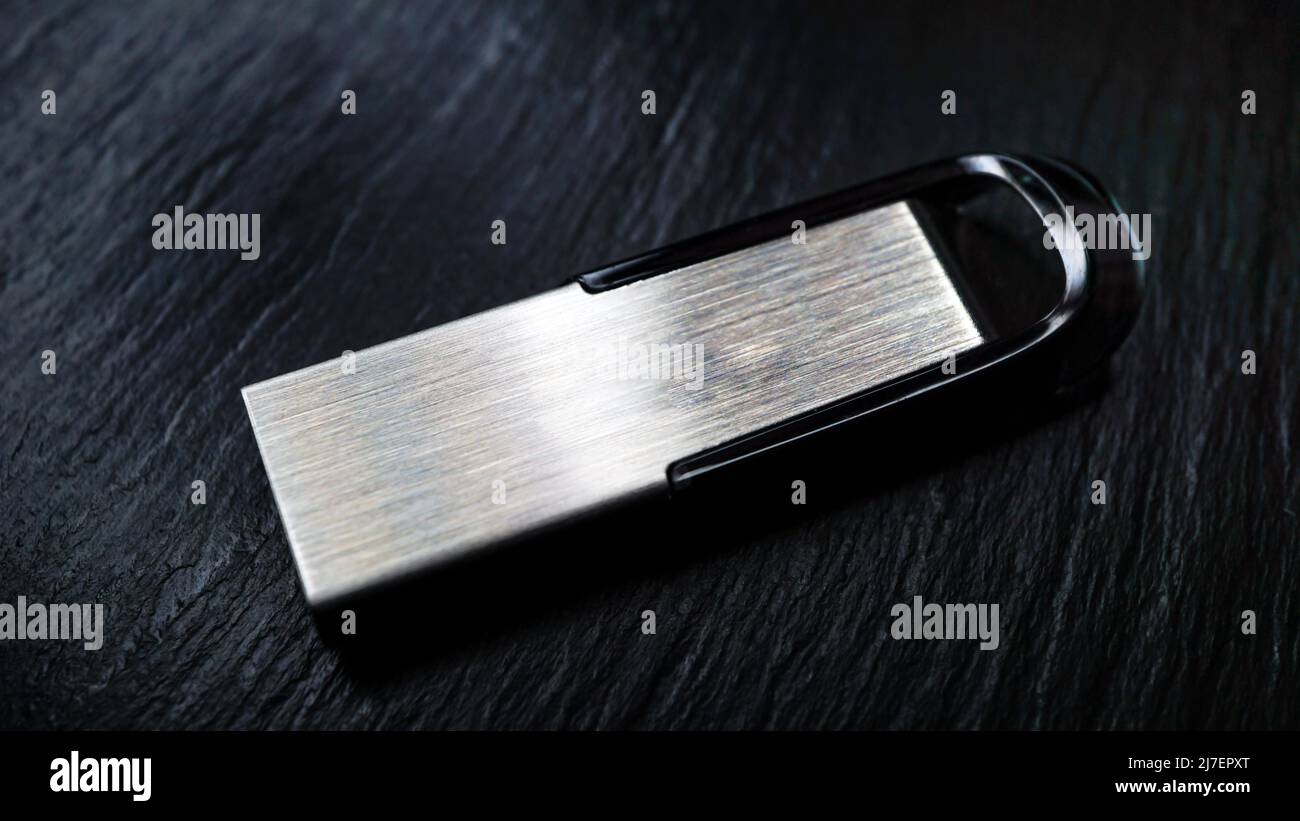 usb flash data storage made of steel, object photo shot macro ...