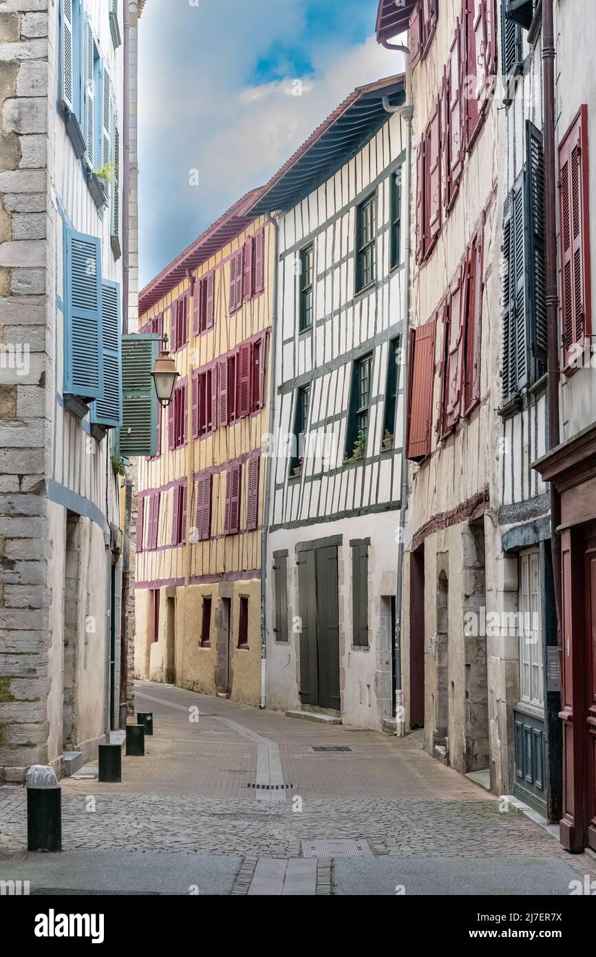 Bayonne in the pays Basque, typical facades with colorful shutters in ...