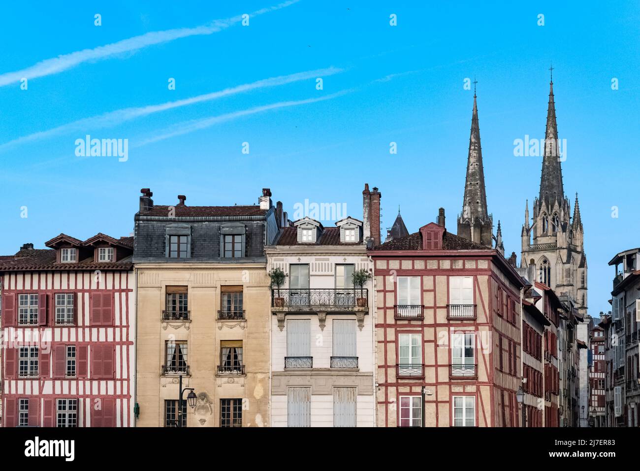 Bayonne in the pays Basque, typical facades with colorful shutters in ...