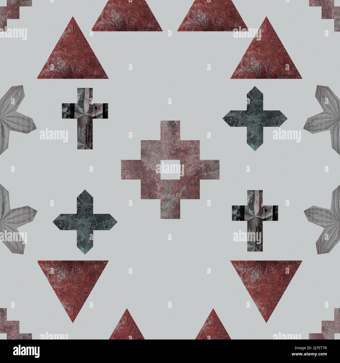 Geometric shapes including crosses and triangles in rustic colors on a ...