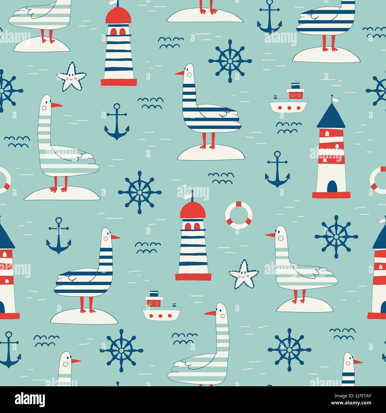 Nautical seamless pattern with lighthouse, steamship and yachts ...
