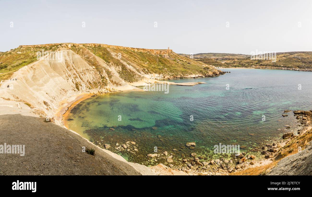 Multi image panorama looking down on Qarraba Bay on the coast of Malta ...