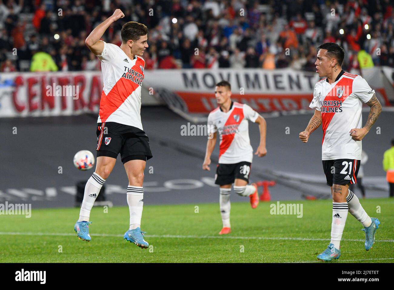 Julian Alvarez (L) of River Plate celebrates his goal with Esequiel ...