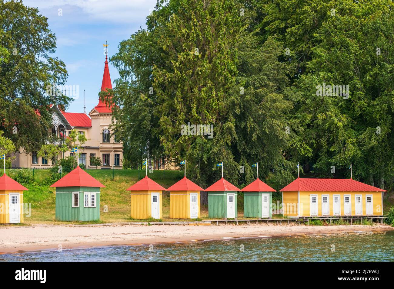 Beach huts at Hjo city in Sweden Stock Photo - Alamy