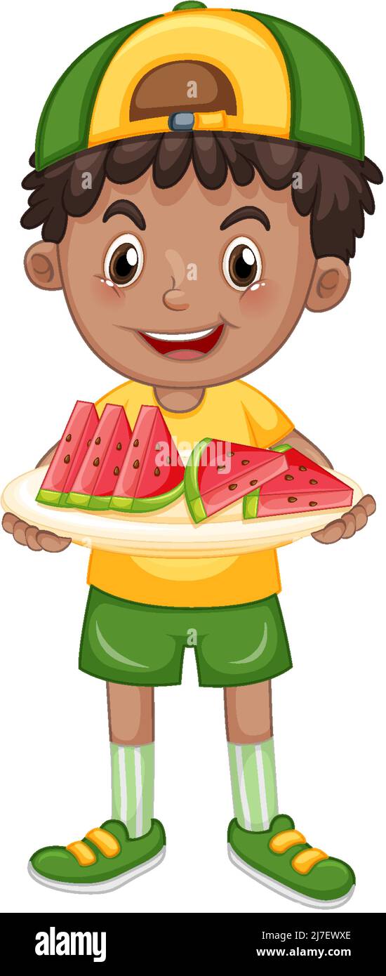 Cartoon boy holding sliced watermelon plate illustration Stock Vector ...