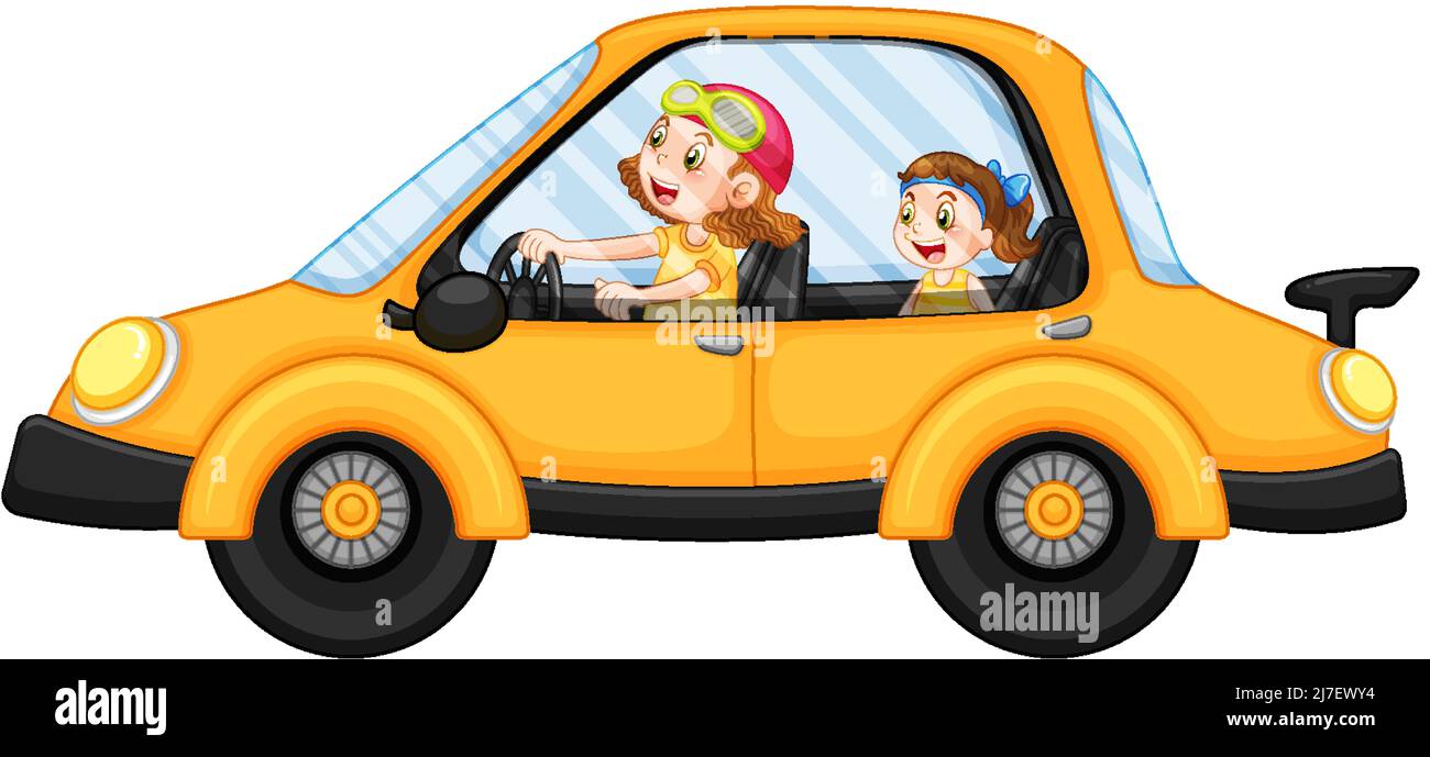 Kids in a yellow car in cartoon style illustration Stock Vector Image ...