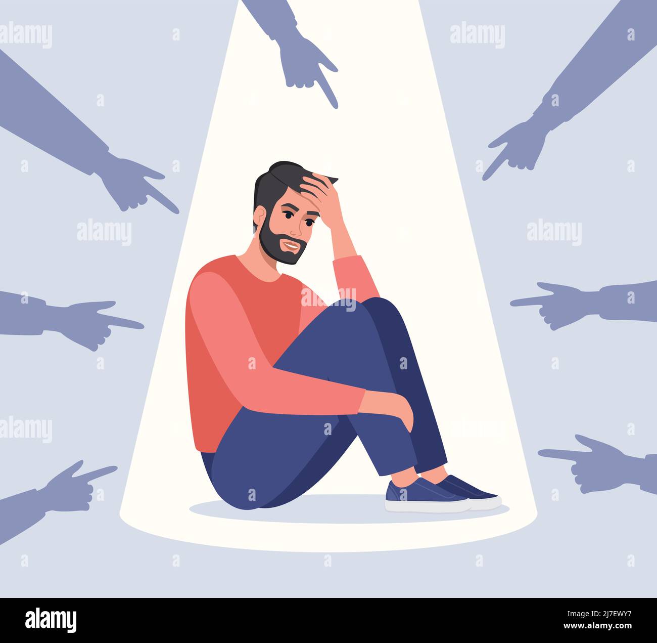 Sad or depressed young man surrounded by hands with index fingers ...