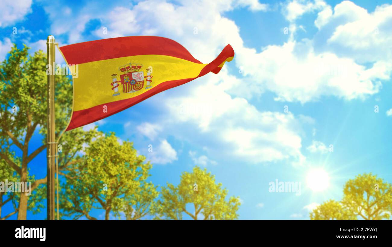 flag of Spain at sunny day, good season symbol - nature 3D illustration ...
