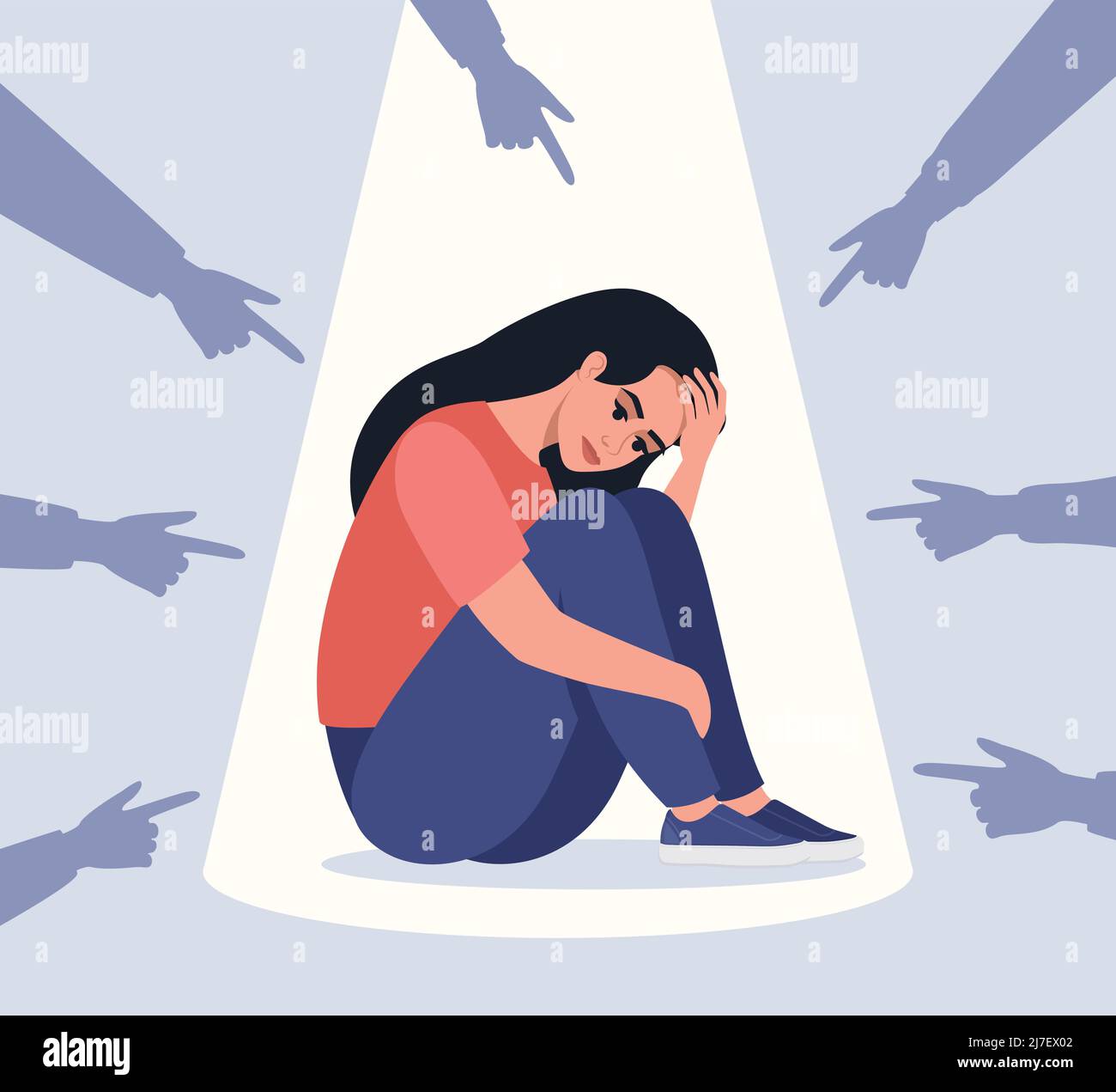 Sad or depressed young woman surrounded by hands with index fingers ...