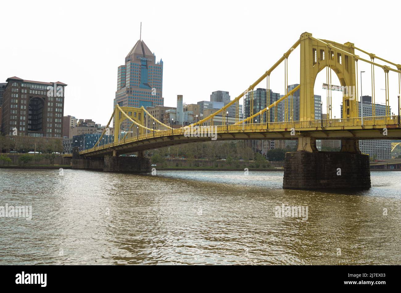 Roberto Clemente bridge over the aleghenny river with skyscrapers in ...