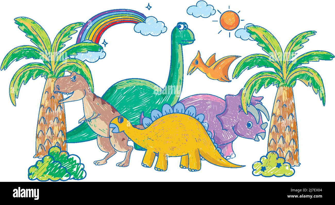 Coloured hand drawn dinosaurs group illustration Stock Vector Image ...