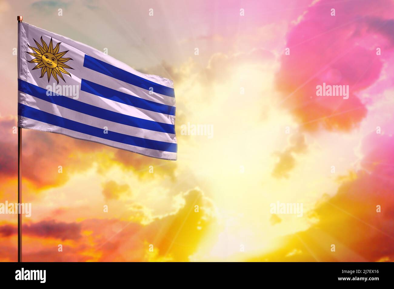 Fluttering Uruguay flag in left top corner mockup with the place for ...