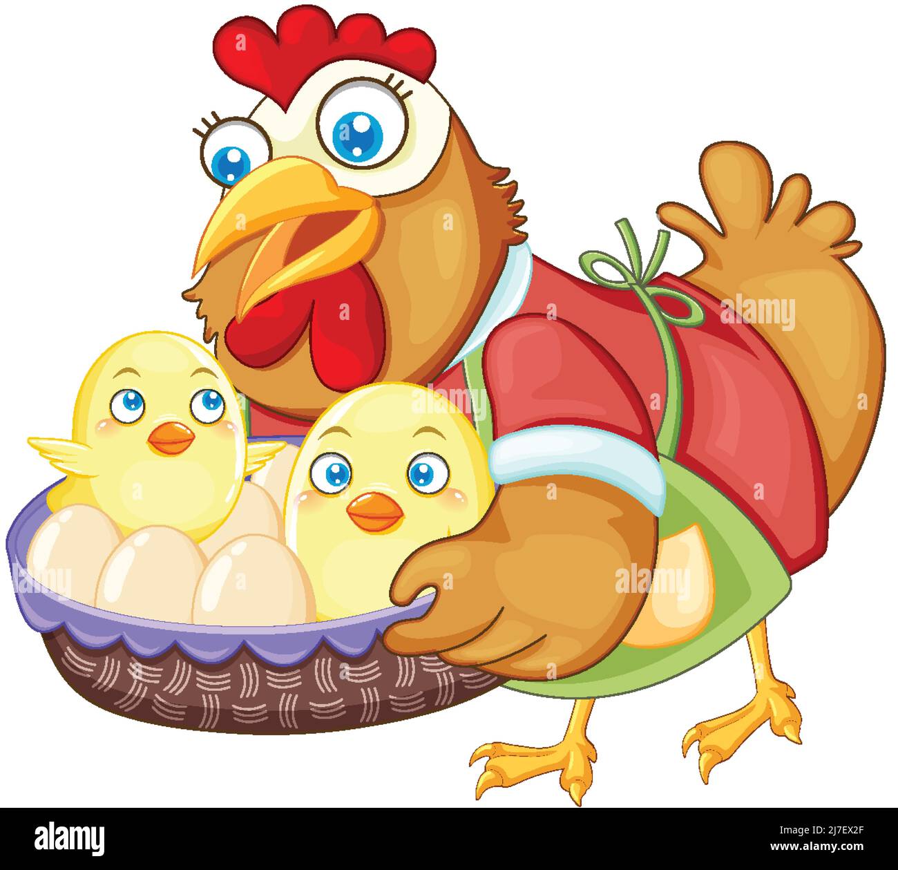 Cute chicken cartoon character holding a basket of eggs and chick ...