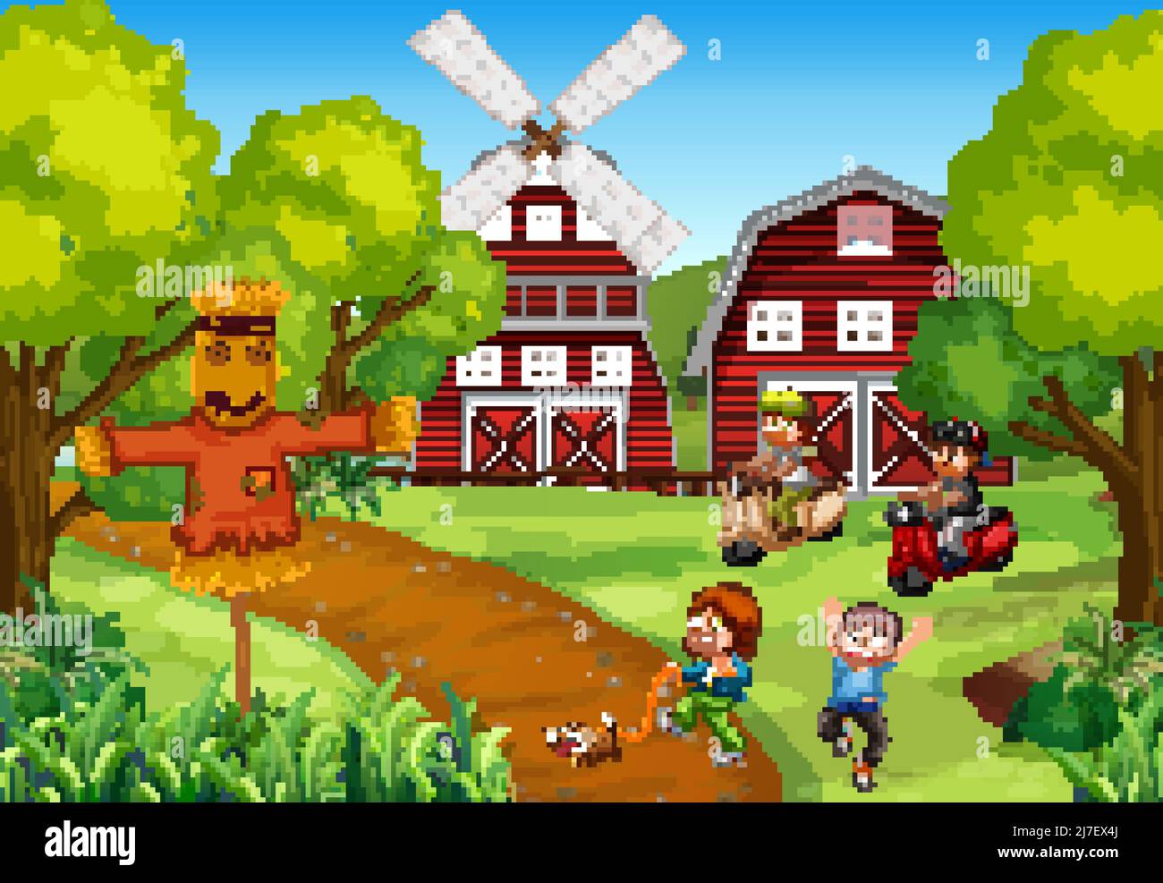 Happy kids in farm landscape illustration Stock Vector Image & Art - Alamy