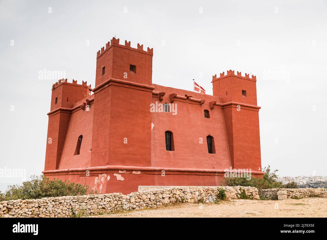 The Red Tower (or St Agatha’s Tower) seen above a hill in Mellieha ...