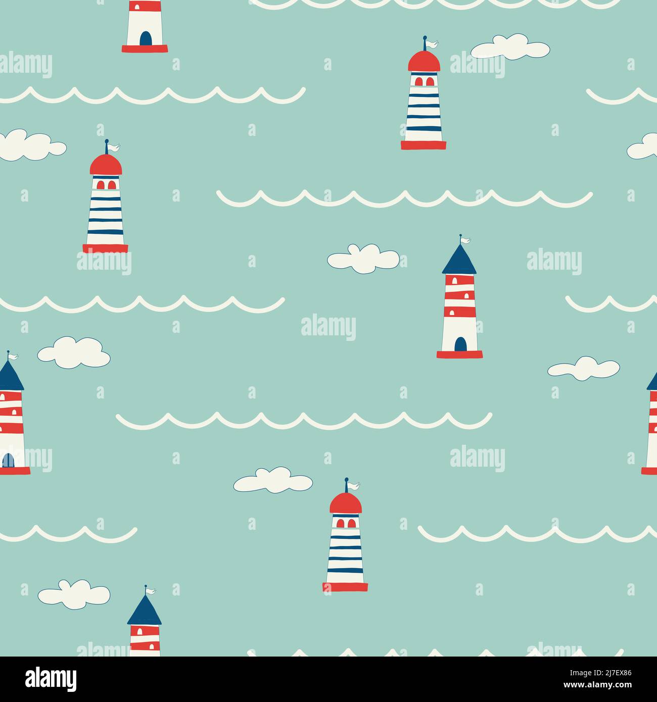 Seamless pattern with different lighthouses drawn with contour lines ...