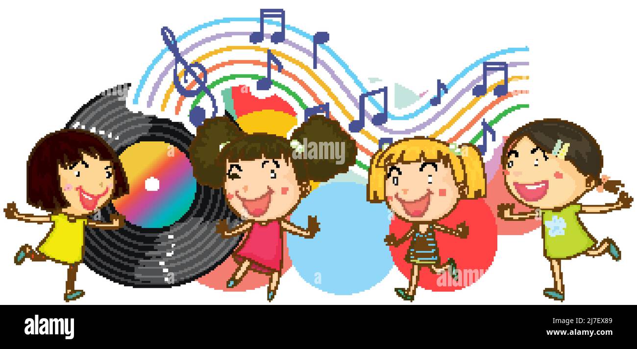 Happy children dancing with music notes on white background ...