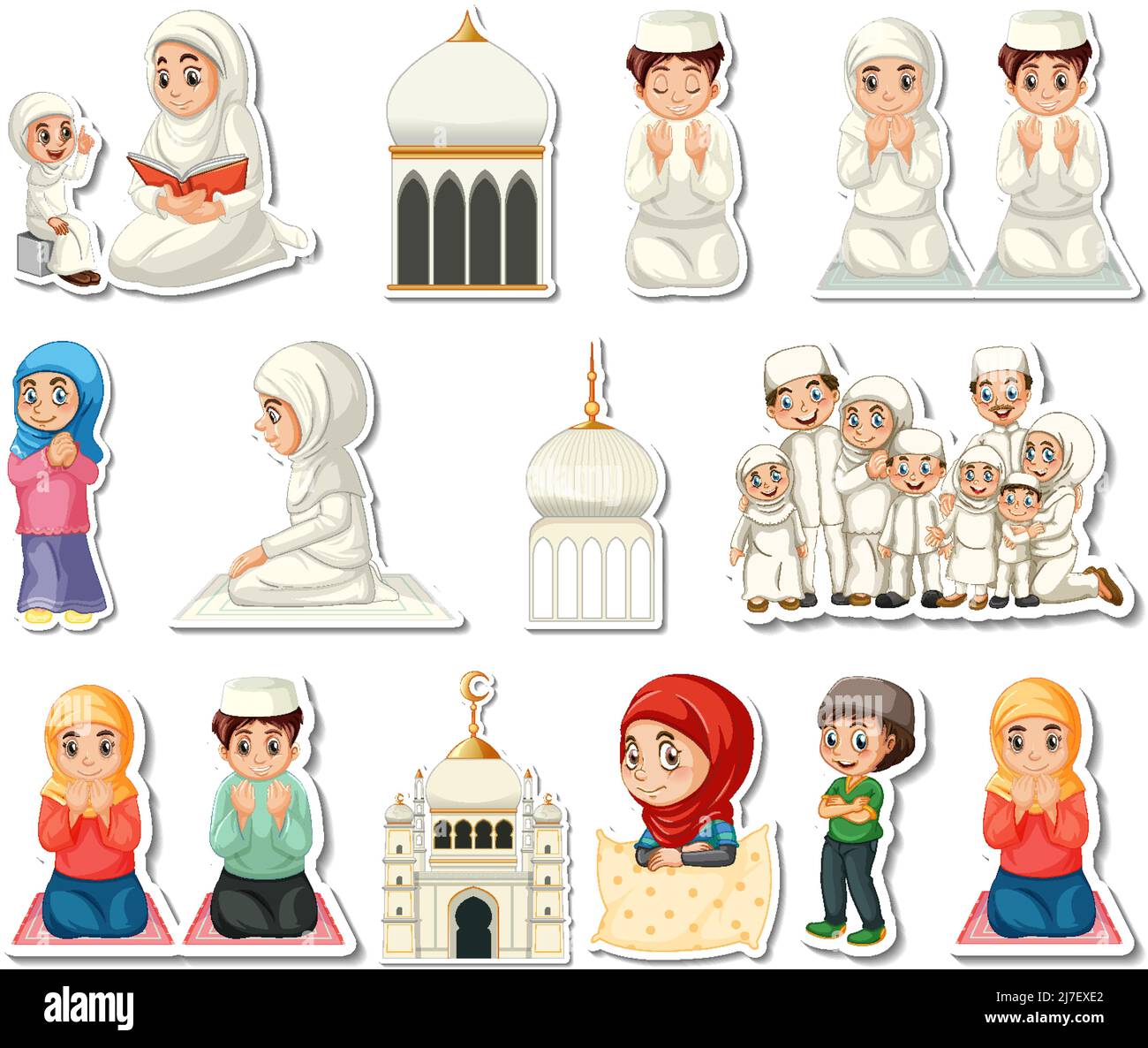 Sticker set of Islamic religious symbols and cartoon characters ...