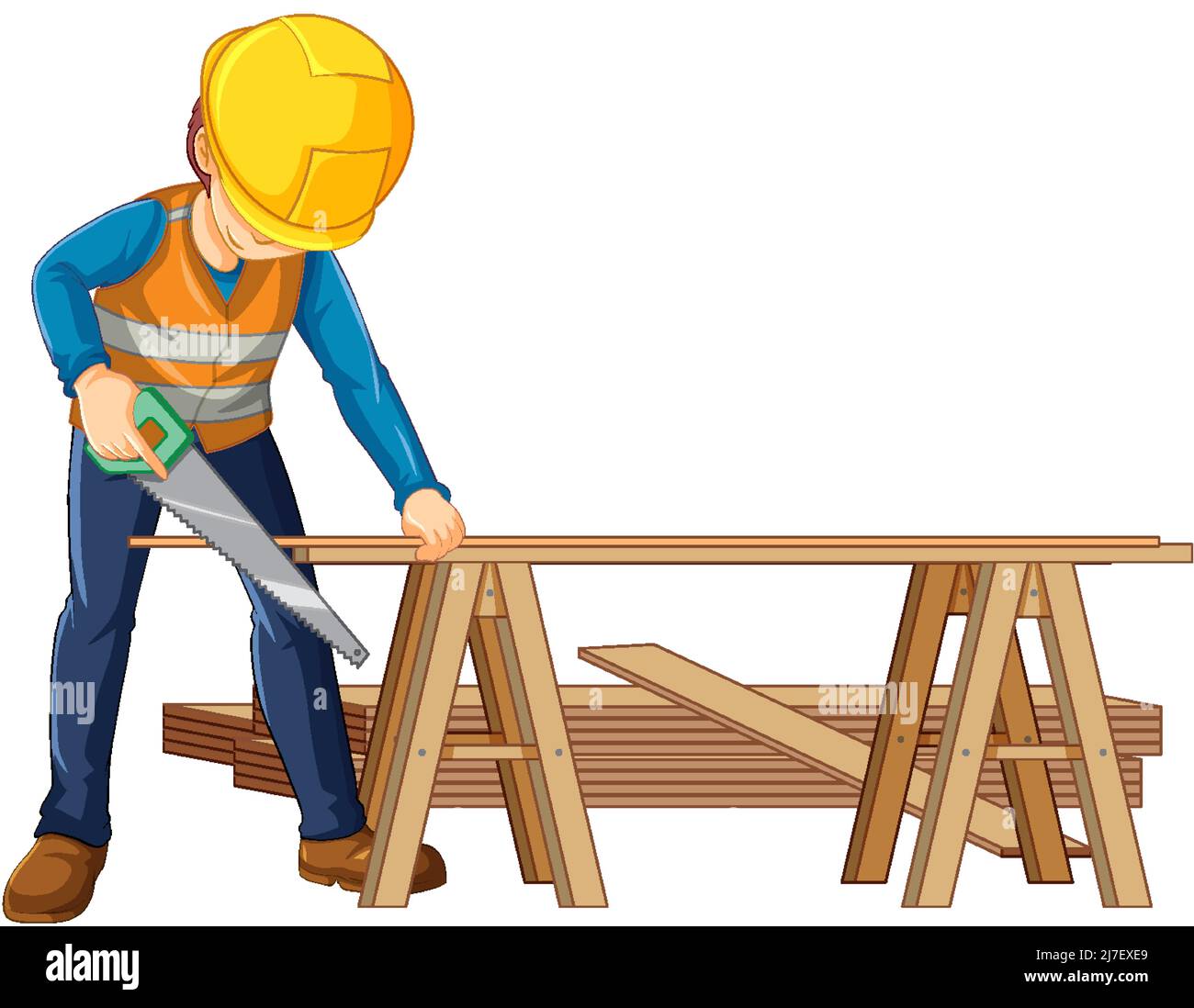 A construction worker cutting wood illustration Stock Vector Image ...