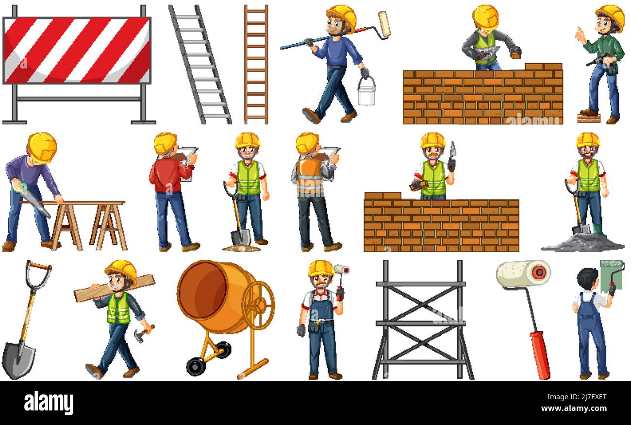 Set of construction site objects and workers illustration Stock Vector ...