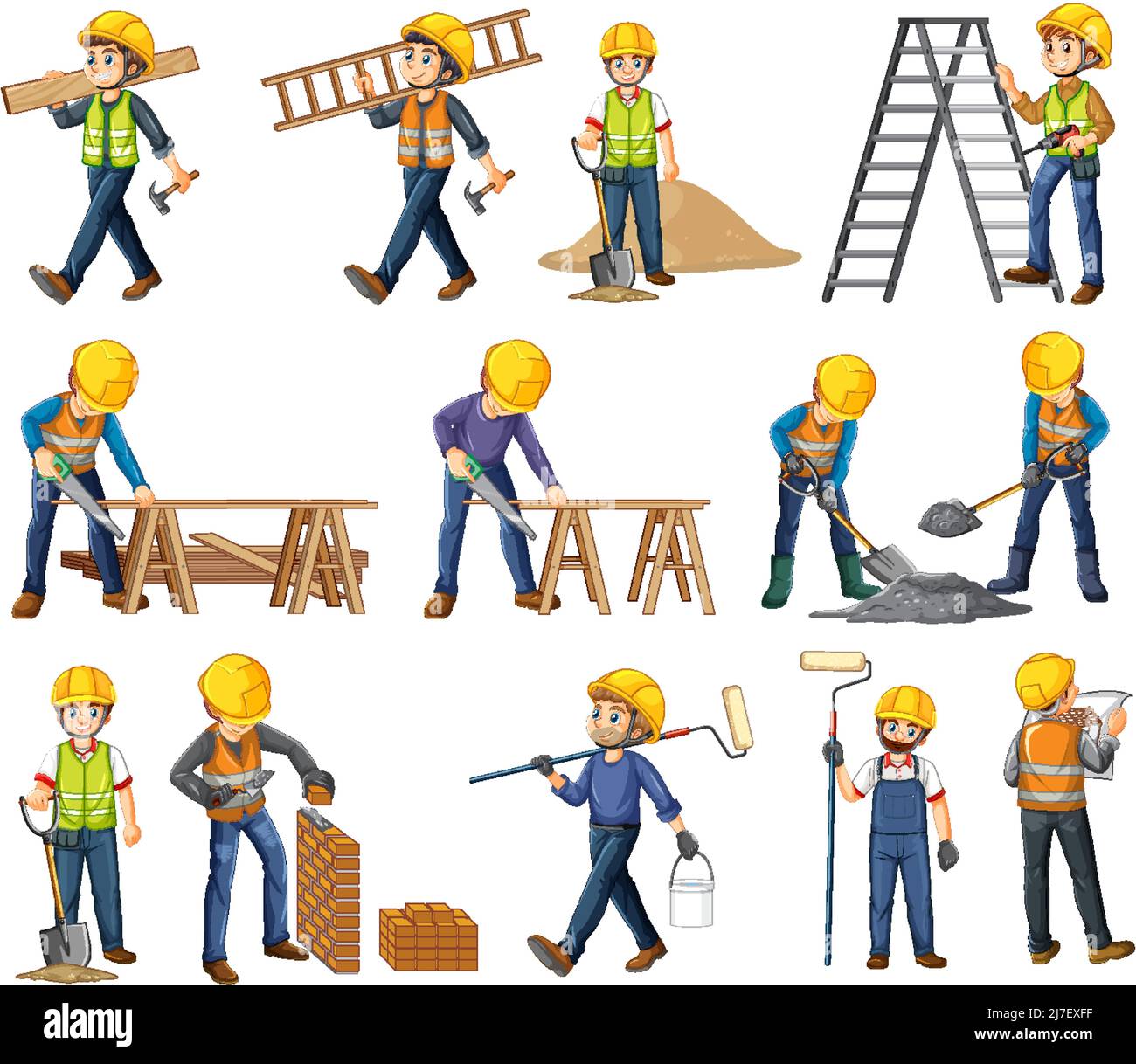 Set of construction site objects and workers illustration Stock Vector ...