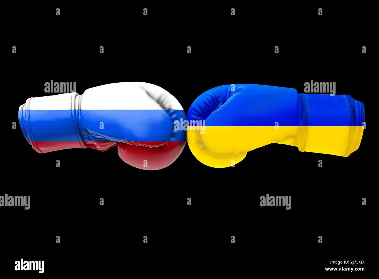 3D illustration flags of Russia and Ukraine on boxing gloves isolated ...
