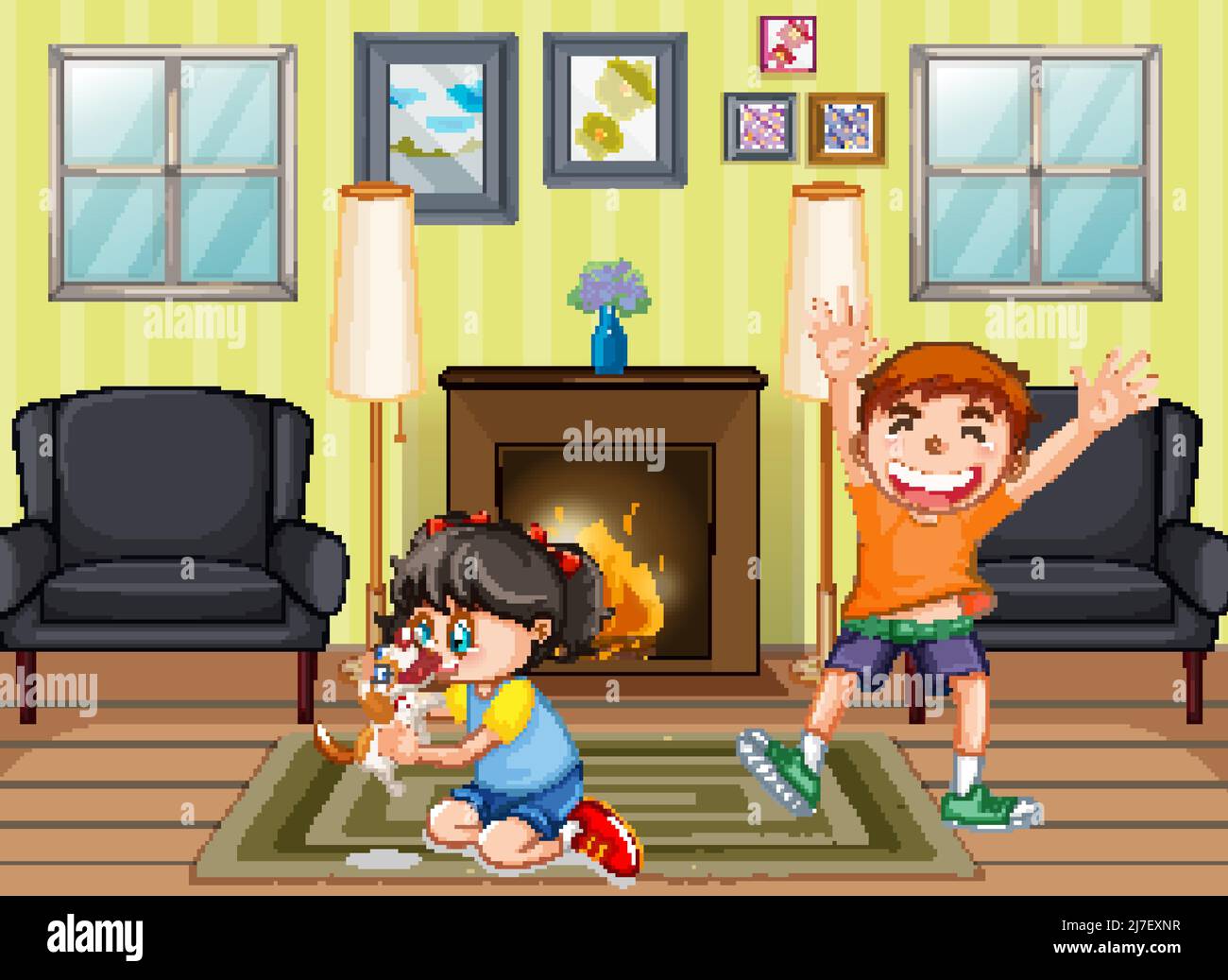 Two kids being happy at home illustration Stock Vector Image & Art - Alamy