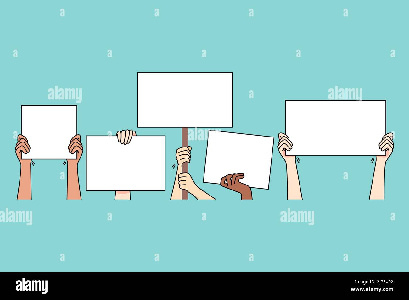 Hand of people holding banners on protest or demonstration. Activists ...