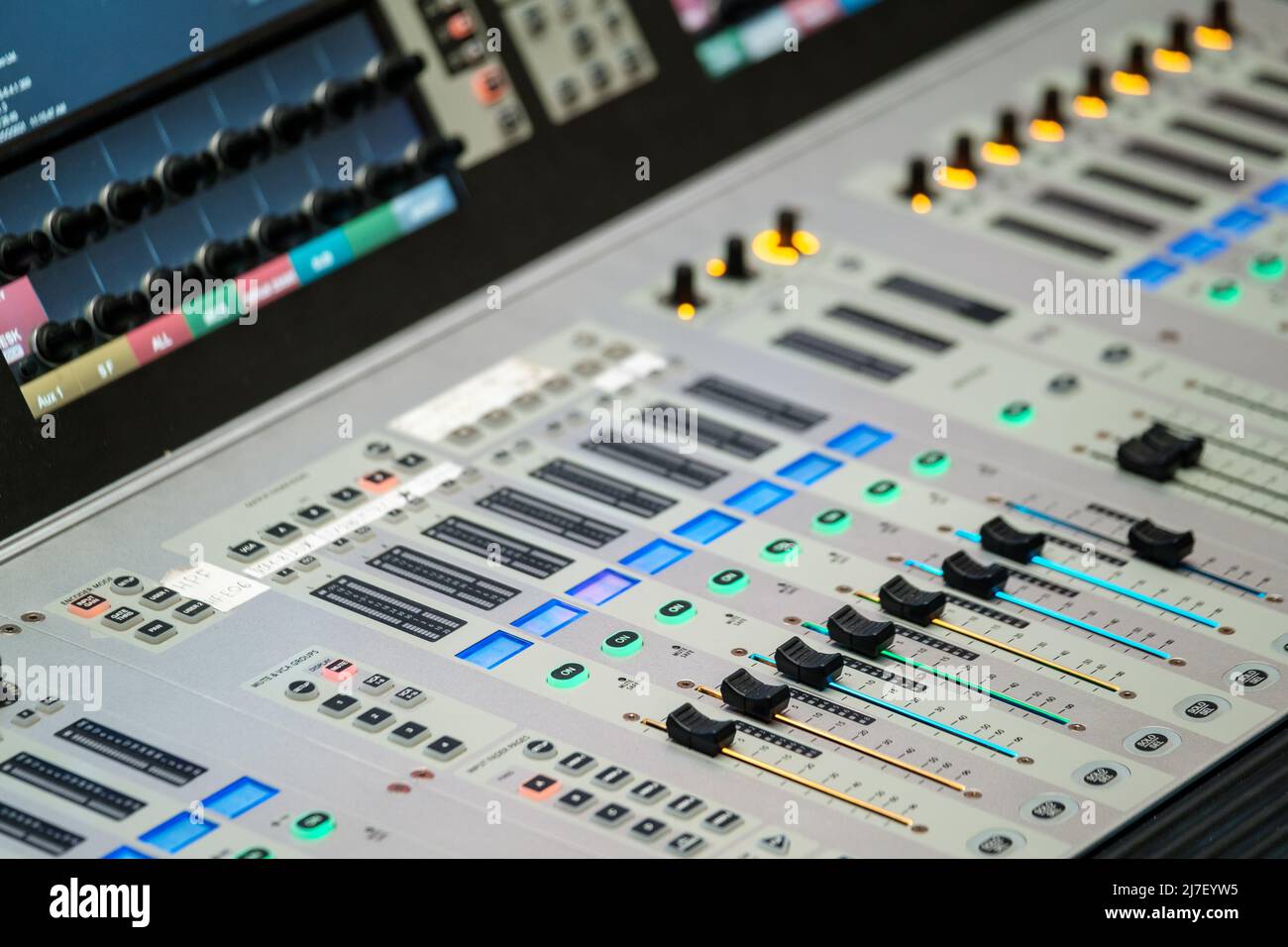 From above control panel with many switches and buttons installed in ...