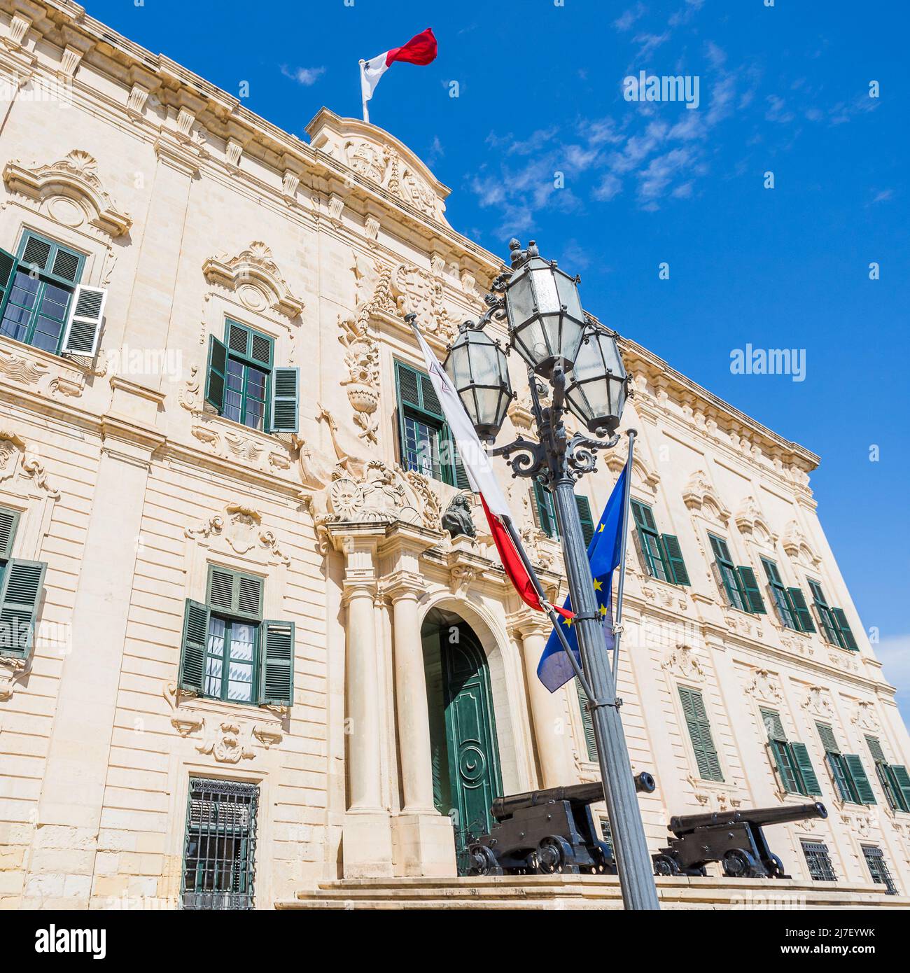 Malta and European Union flags in front of Castille Palace in the heart ...