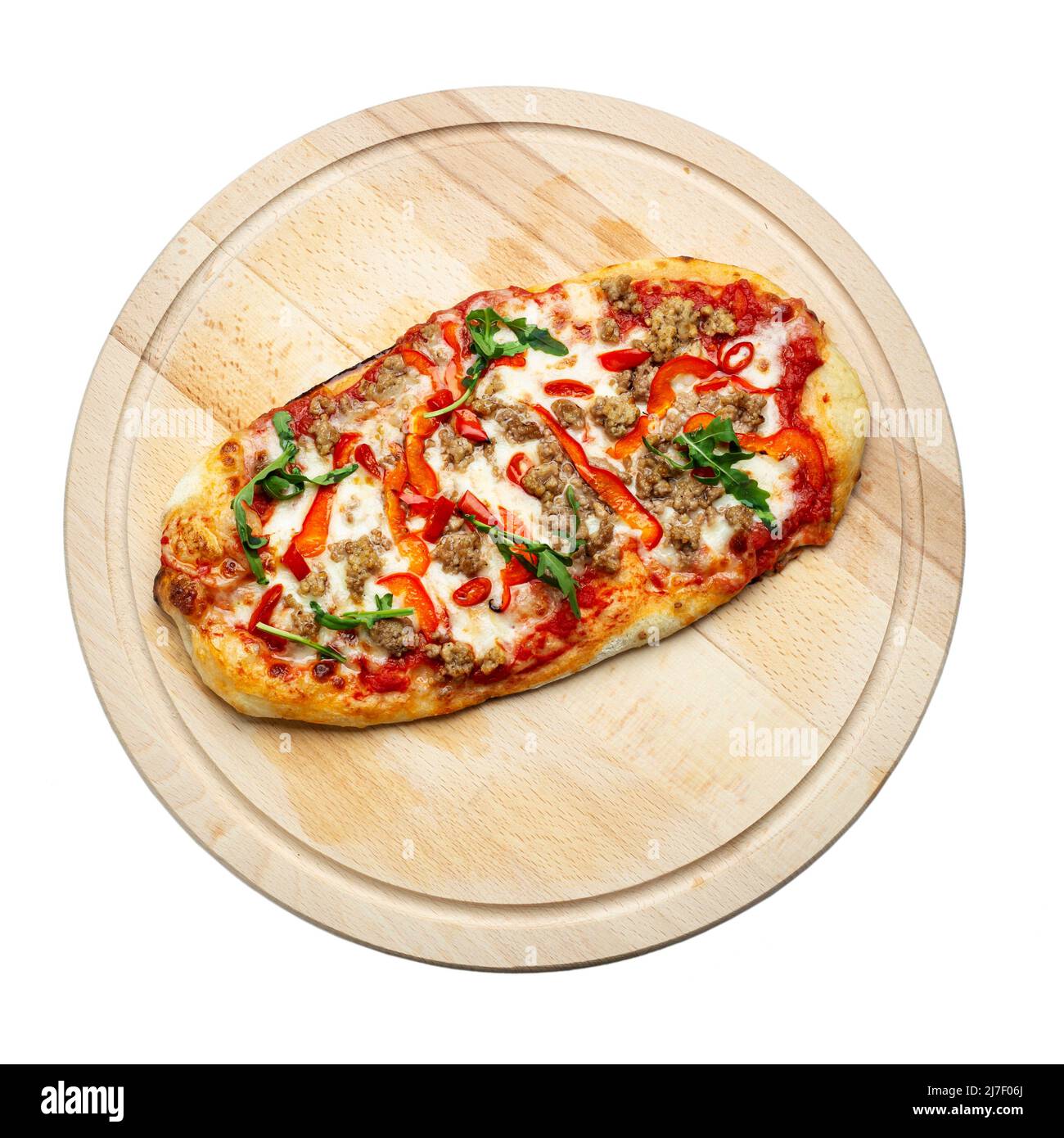 Delicious pizza served on wooden plate isolated on white background ...