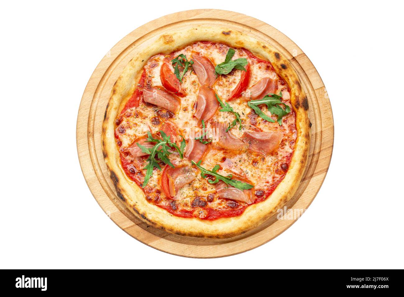 Delicious pizza served on wooden plate isolated on white background ...