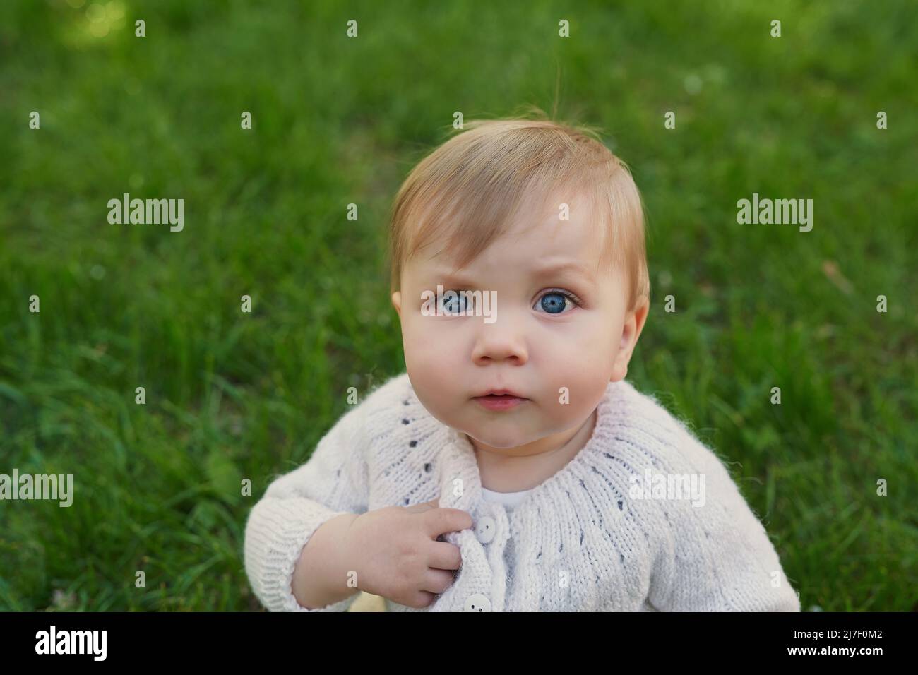 Smiling baby boy on grass in park. Children Protection Day. World ...