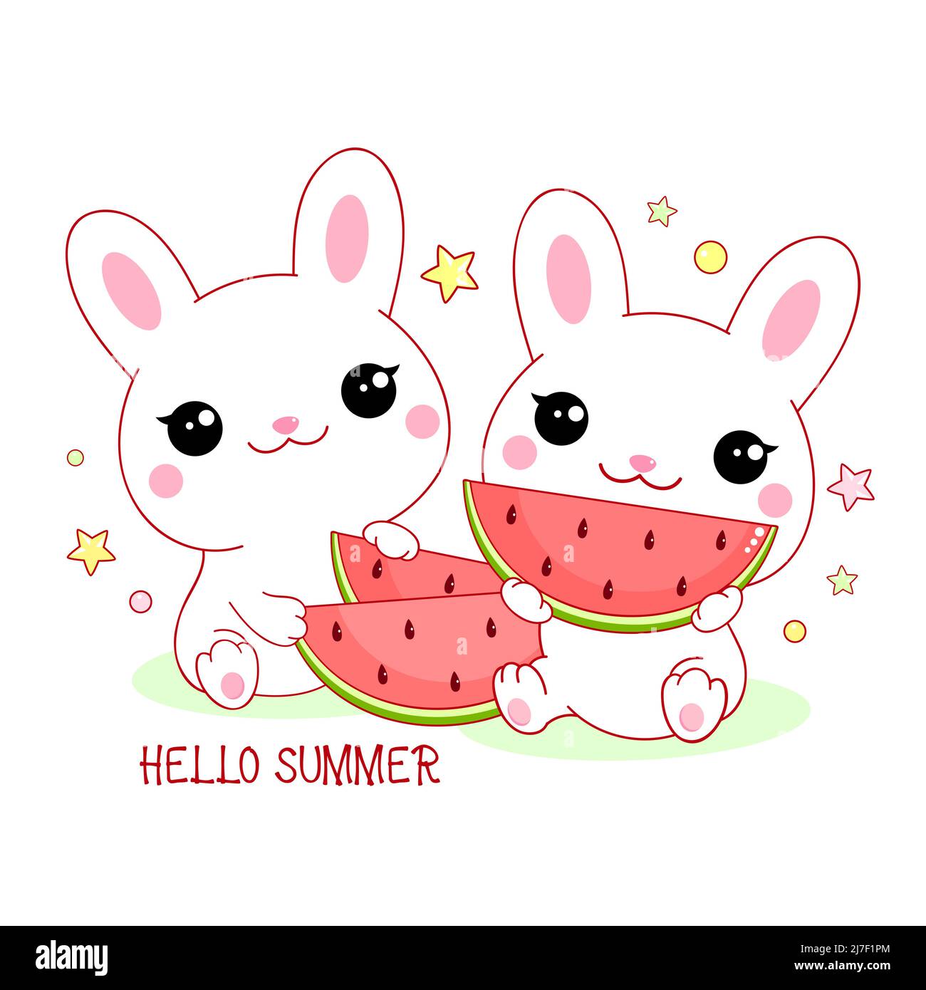 Two cute white bunnies with watermelon. Inscription Hello summer ...