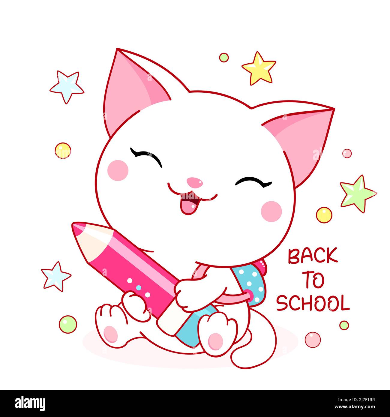 Back to school. Cute little white cat with pencil and backpack. Vector ...