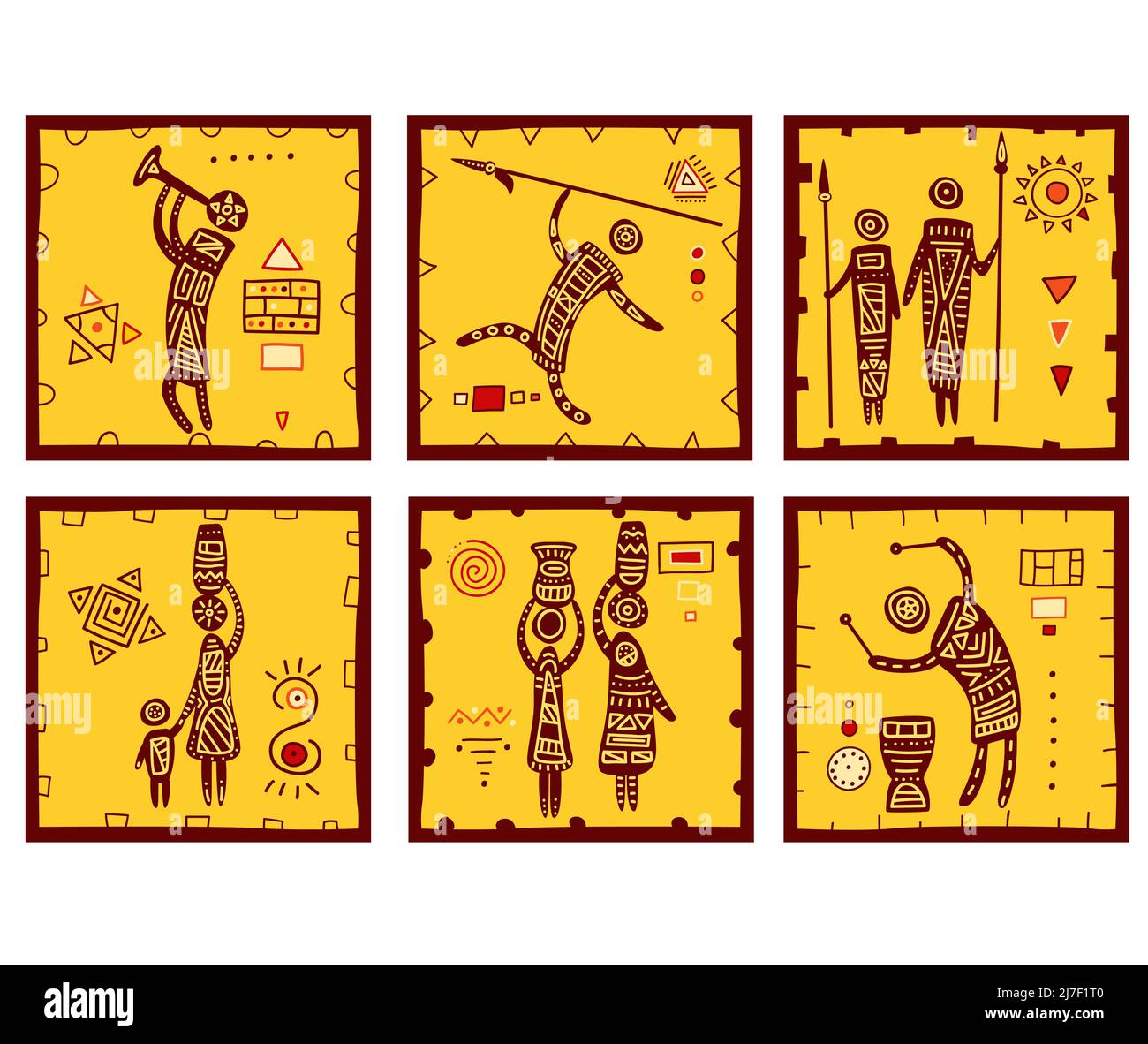 Set of African tribal drawings with hunter, womans with jug, musicians ...