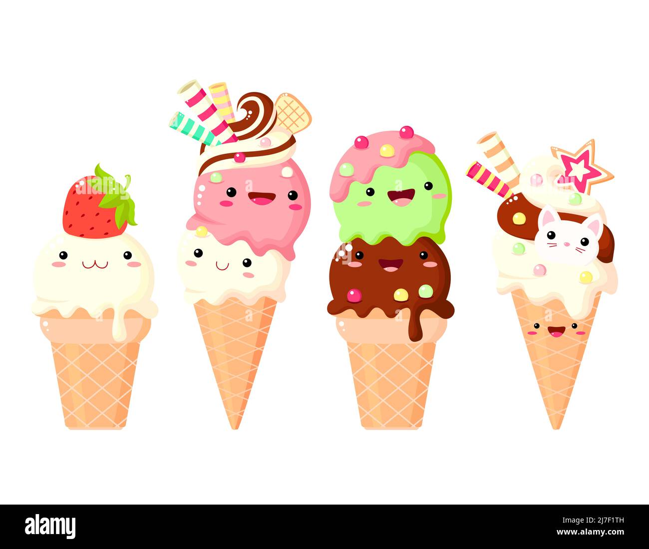 Set of ice cream characters in kawaii style with smiling face and pink ...