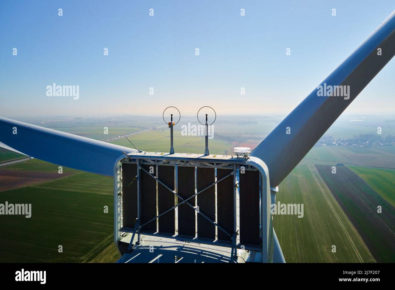 Aerial view of close up windmill turbine in countryside area, Wind ...