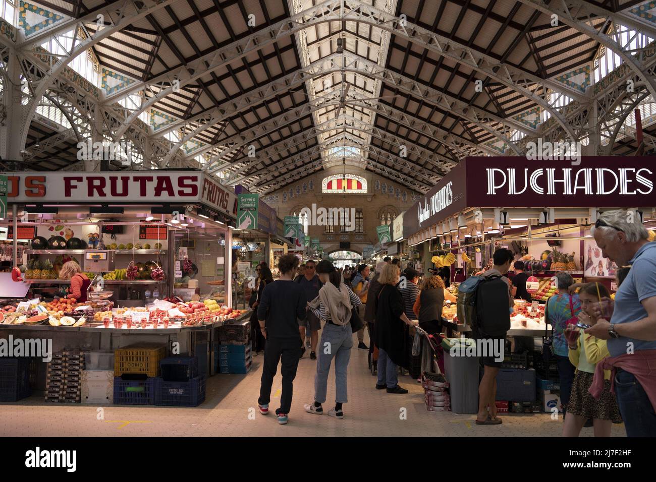 VALENCIA, SPAIN - MAY 3 2022 - The historic market full of customers ...