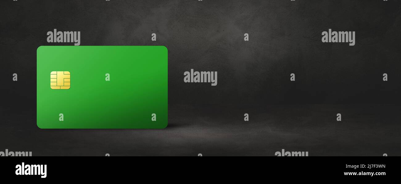 Green credit card template on a black concrete background banner. 3D ...