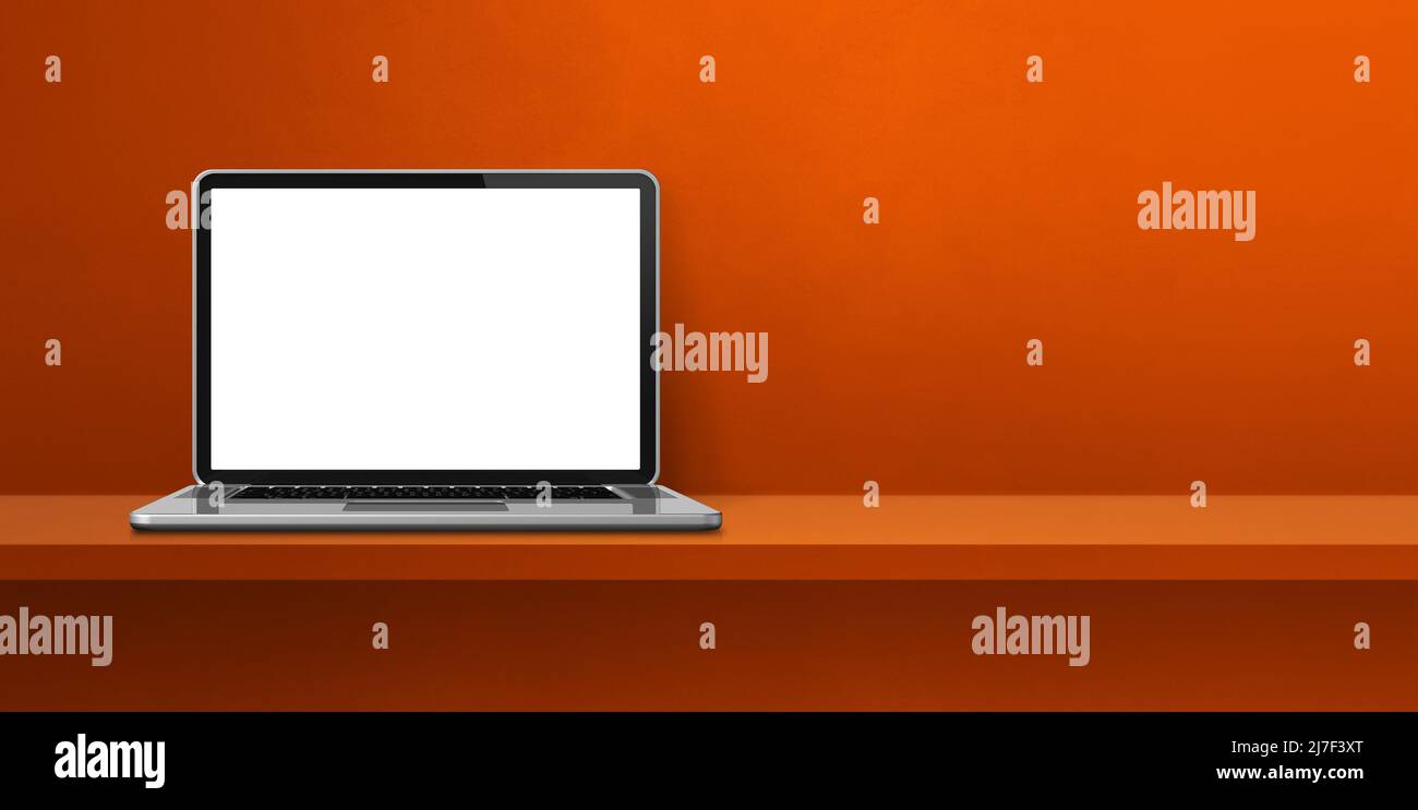 Laptop computer on orange shelf background banner. 3D Illustration ...